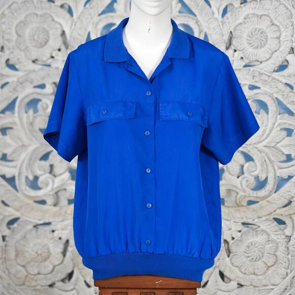 Tops | Vintage Rhoda Lee Crinkle Blouson Shirt M Blue Usa Made Ribbed ...